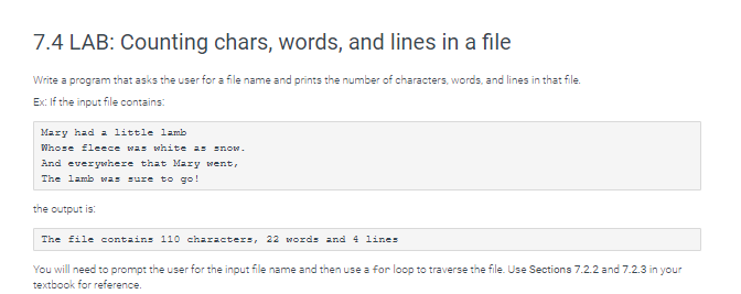 Solved 7.4 LAB: Counting chars, words, and lines in a file | Chegg.com