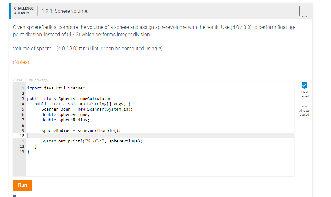Solved CHALLENGE ACTIVITY 1.9.1: Sphere volume. Given | Chegg.com