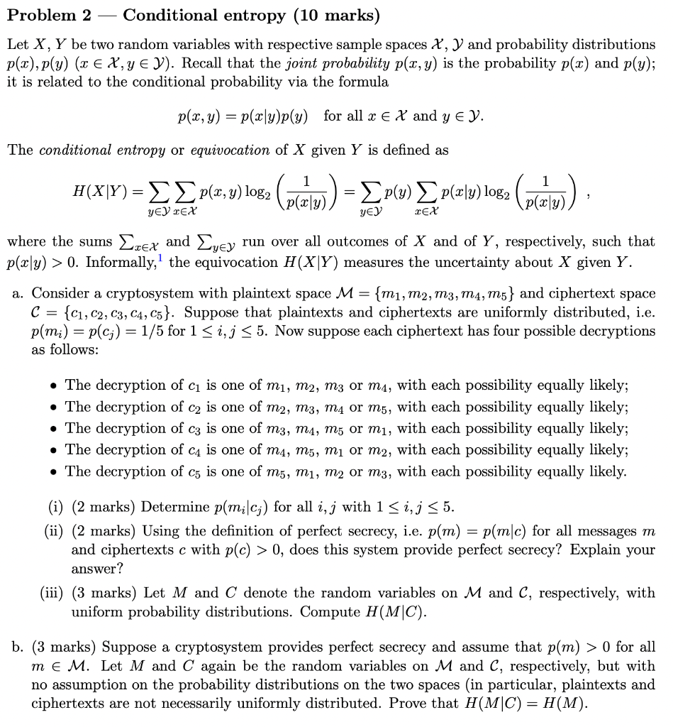 Solved Problem 2 - Conditional entropy (10 marks) Let X,Y be | Chegg.com