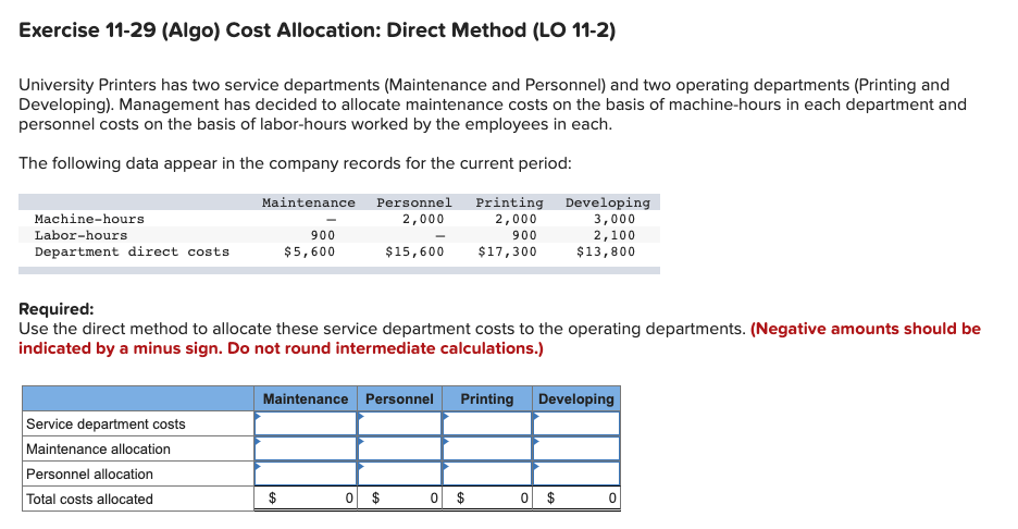 Solved Exercise 11-29 (Algo) Cost Allocation: Direct Method | Chegg.com
