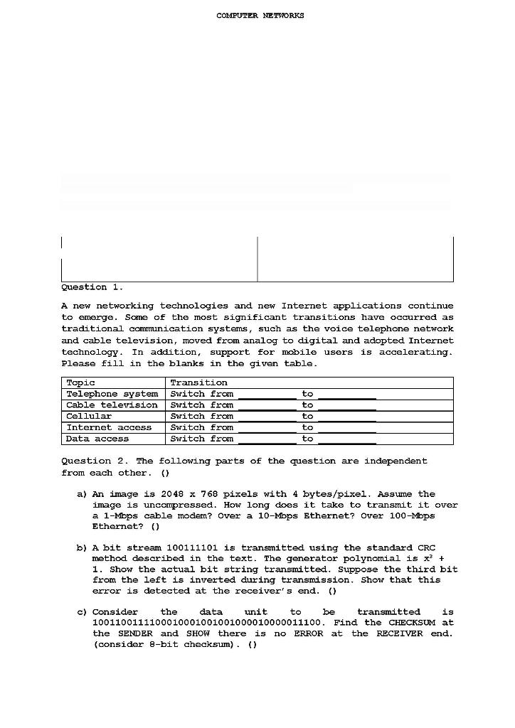 Solved COMPUTER NETWORKS 1 Question 1. A new networking | Chegg.com
