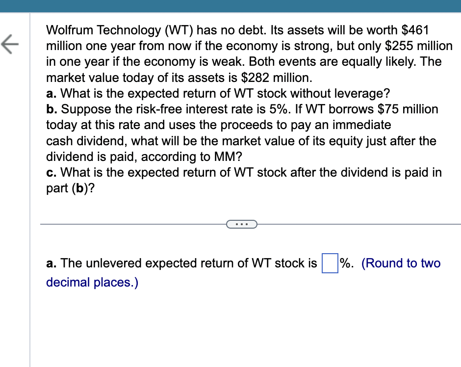 Solved Wolfrum Technology (WT) has no debt. Its assets will | Chegg.com