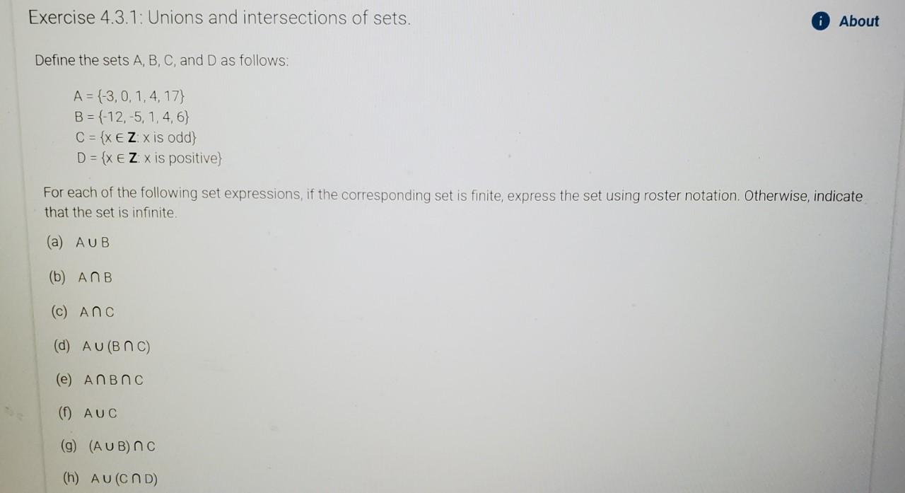Solved Exercise 4.3.1: Unions and intersections of sets. 1 | Chegg.com