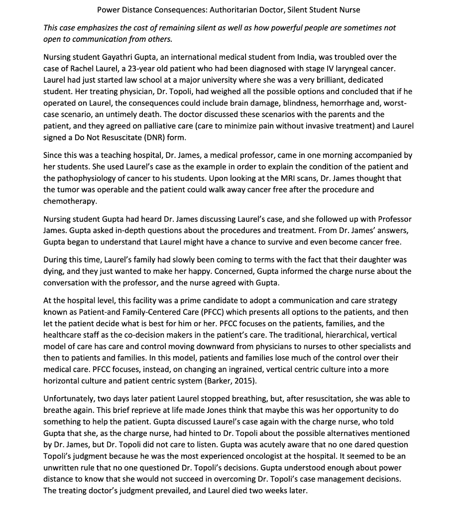 Solved Power Distance Consequences: Authoritarian Doctor, | Chegg.com