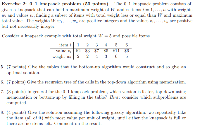 The 0–1 knapsack problem consists of, given a | Chegg.com