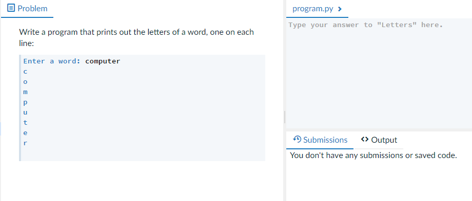 Solved Problem program.py > Type your answer to "Letters" | Chegg.com