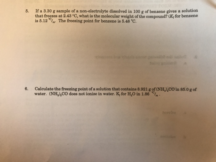 Solved 5. If a 3.30 g sample of a non-electrolyte dissolved | Chegg.com