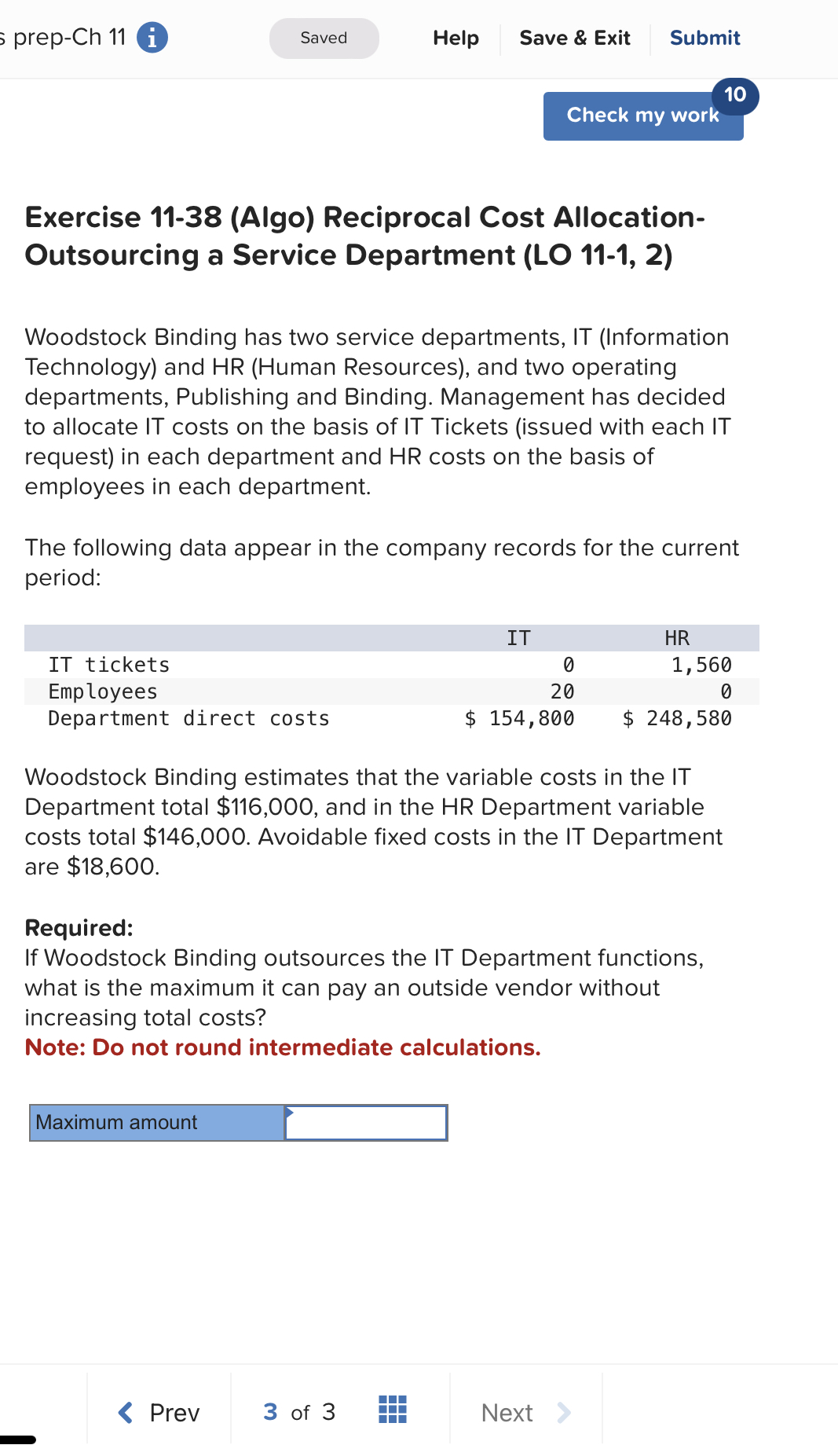 Solved Exercise 11-38 (Algo) Reciprocal Cost | Chegg.com