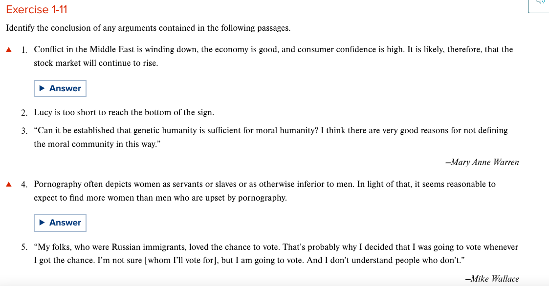 Solved Exercise 1-11Identify the conclusion of any arguments | Chegg.com