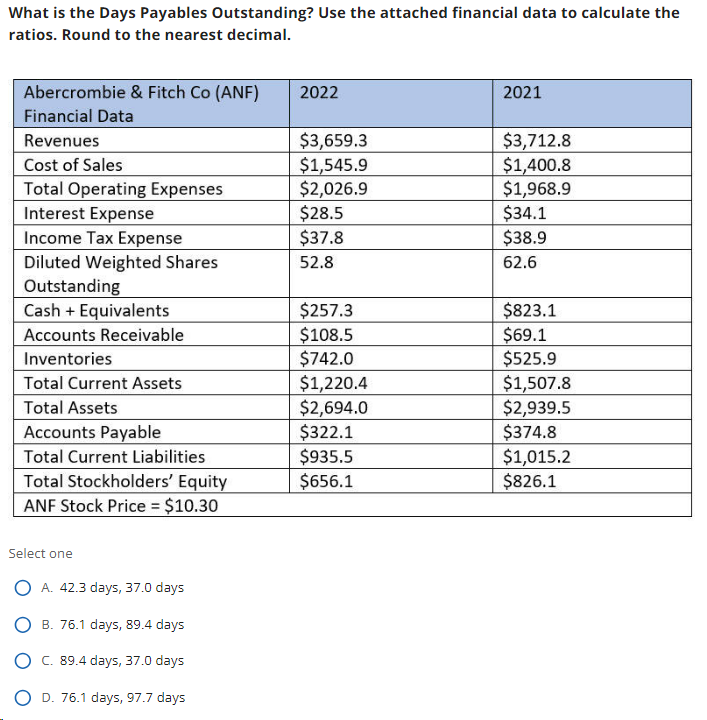 Solved What is the Days Payables Outstanding? Use the | Chegg.com