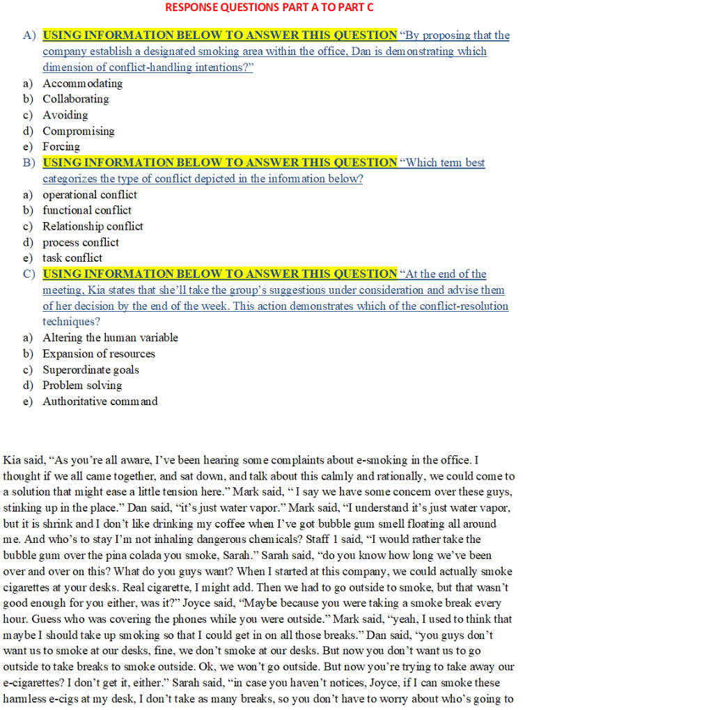Solved RESPONSE QUESTIONS PART A TO PART C A) USING | Chegg.com