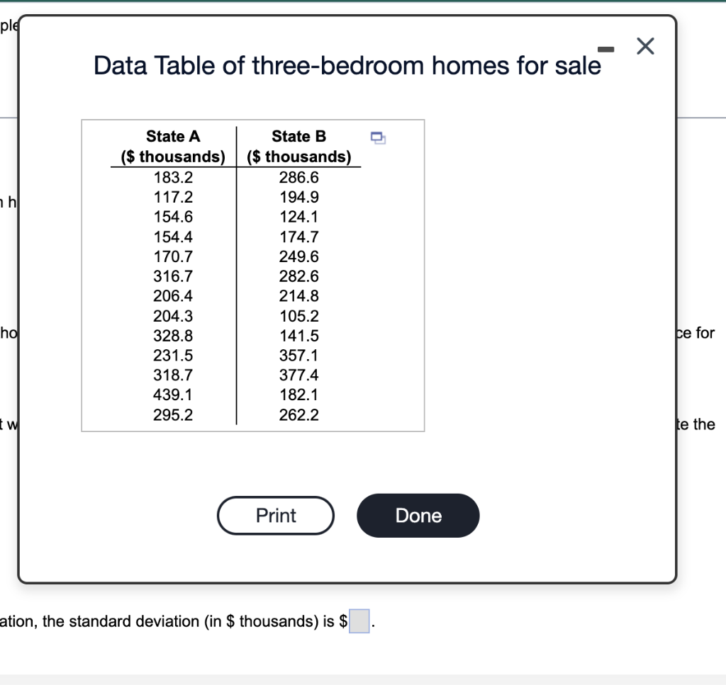 Solved Data Table of three-bedroom homes for sale ation, the | Chegg.com