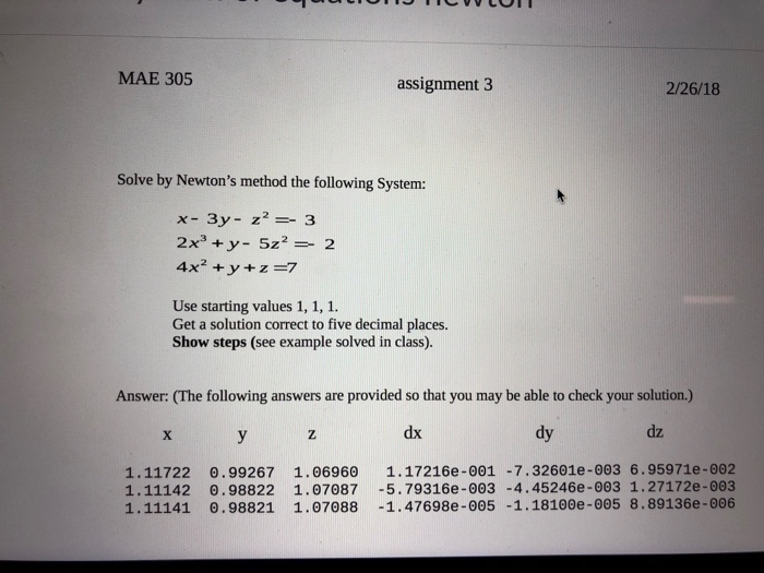 Solved MAE 305 assignment 3 2/26/18 Solve by Newton's method | Chegg.com