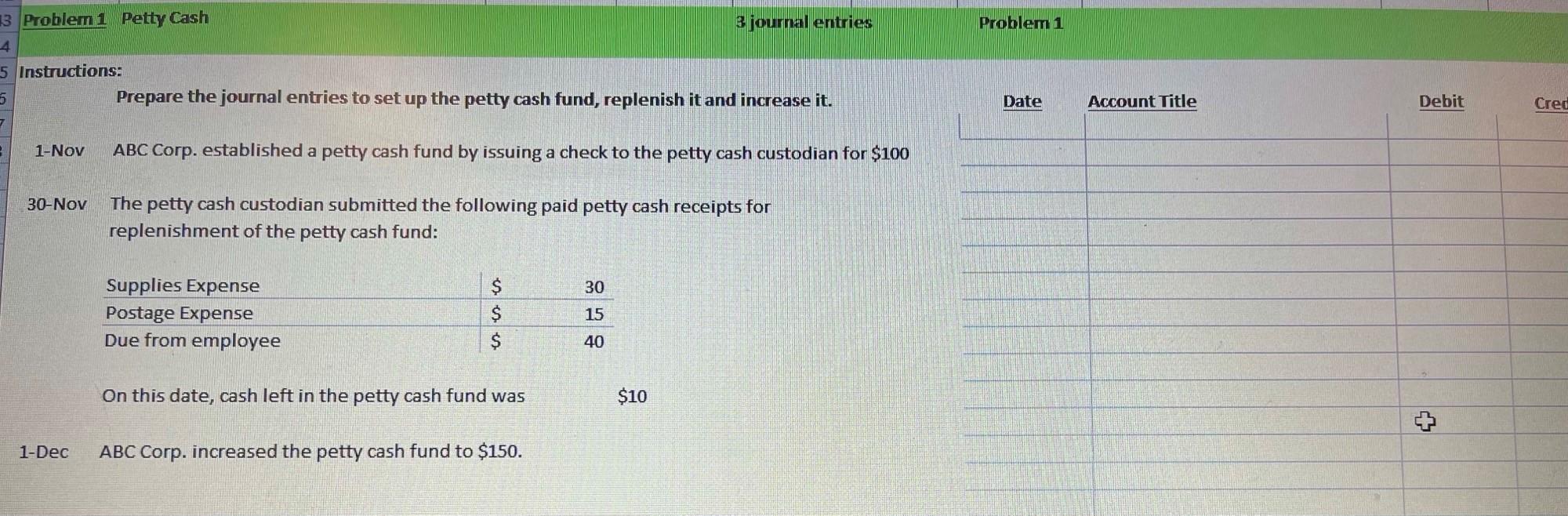 Solved Problem 1 13 Problem 1 Petty Cash 3 journal entries 4 | Chegg.com