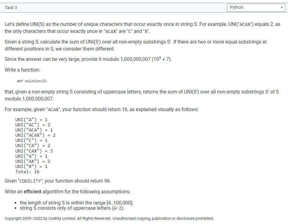 Task 3 Python Let's define UNI(S) as the number of | Chegg.com