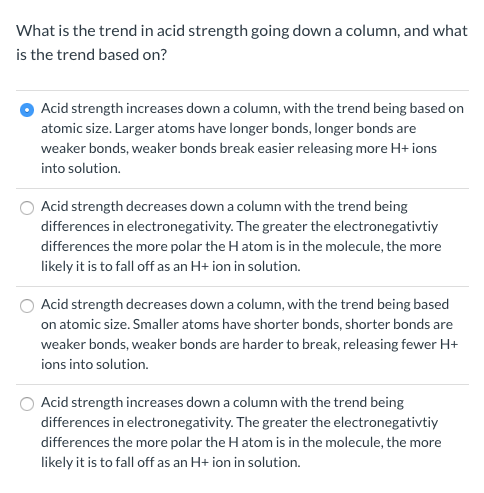 Solved What is the trend in acid strength going down a | Chegg.com
