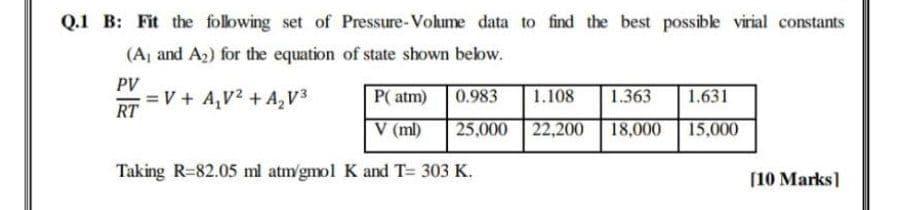 Solved Q.1 B: Fit the following set of Pressure- Volume data | Chegg.com