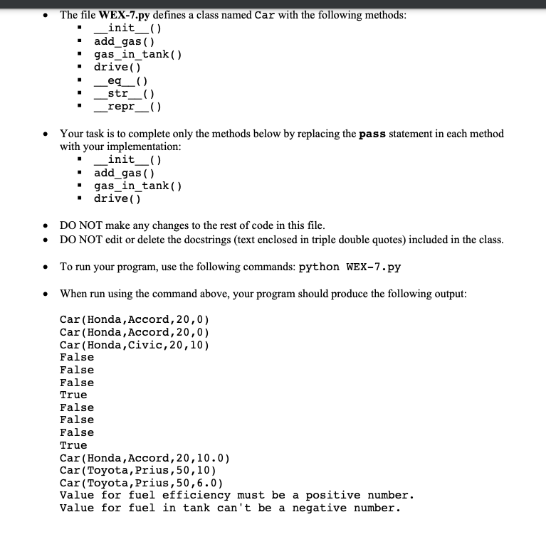 Solved - The file WEX-7.py defines a class named Car with | Chegg.com