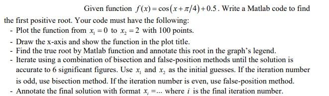 Solved Given function f(x) = cos(x+2/4)+0.5. Write a Matlab | Chegg.com