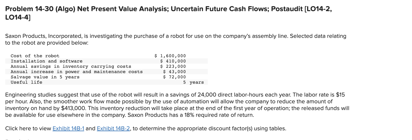 Solved Problem 14-30 (Algo) Net Present Value Analysis; | Chegg.com