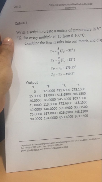 Solved Write a script to create a matrix of temperature in | Chegg.com