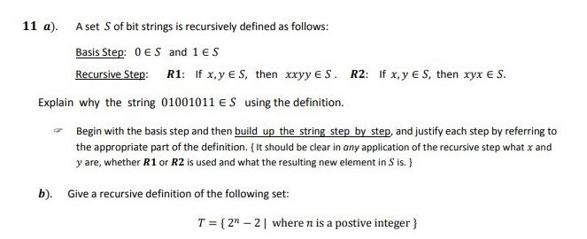 Solved 11 a). A set S of bit strings is recursively defined | Chegg.com