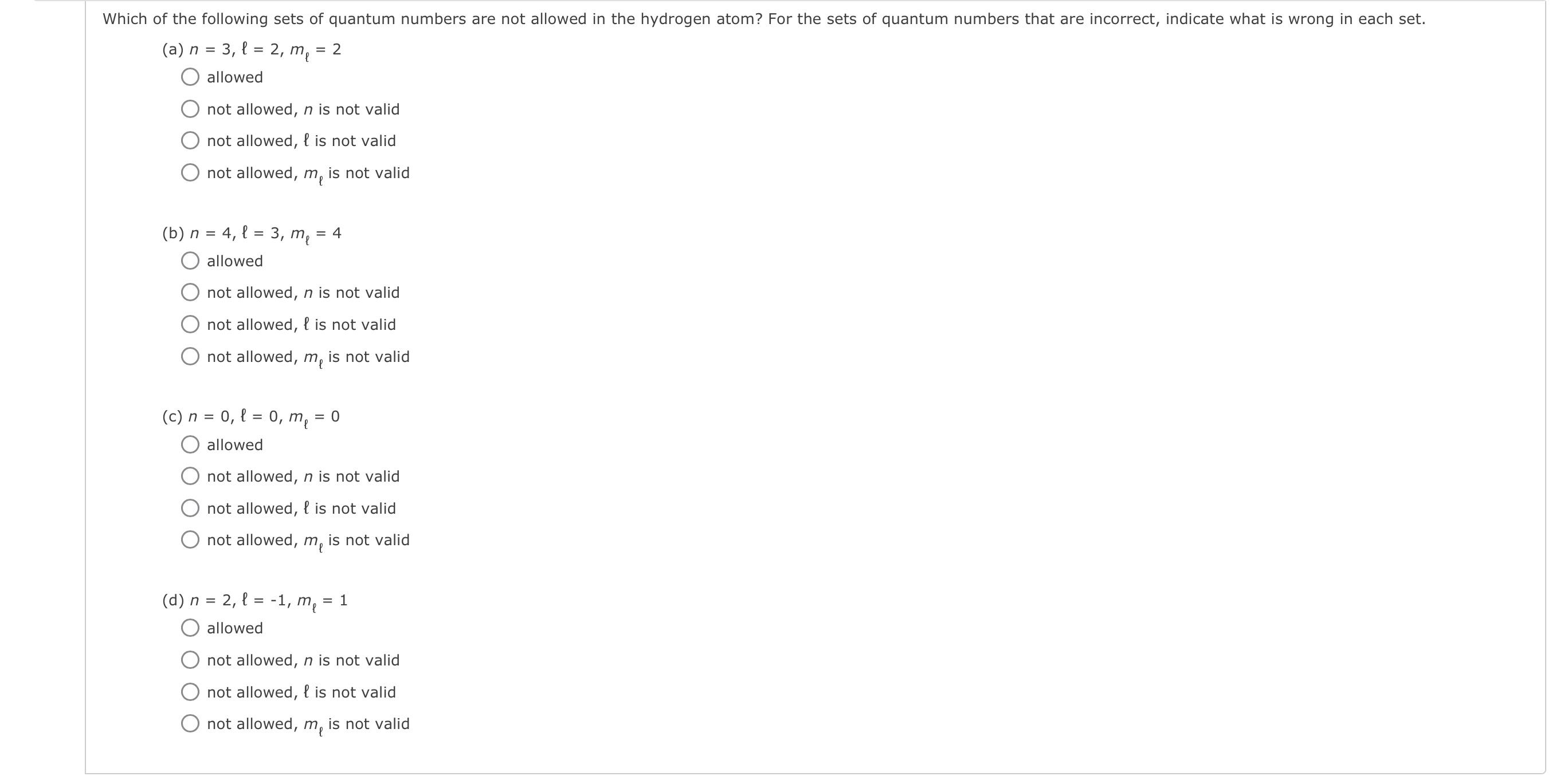 Solved (a) n=3,l=2,ml=2allowednot allowed, n ﻿is not | Chegg.com