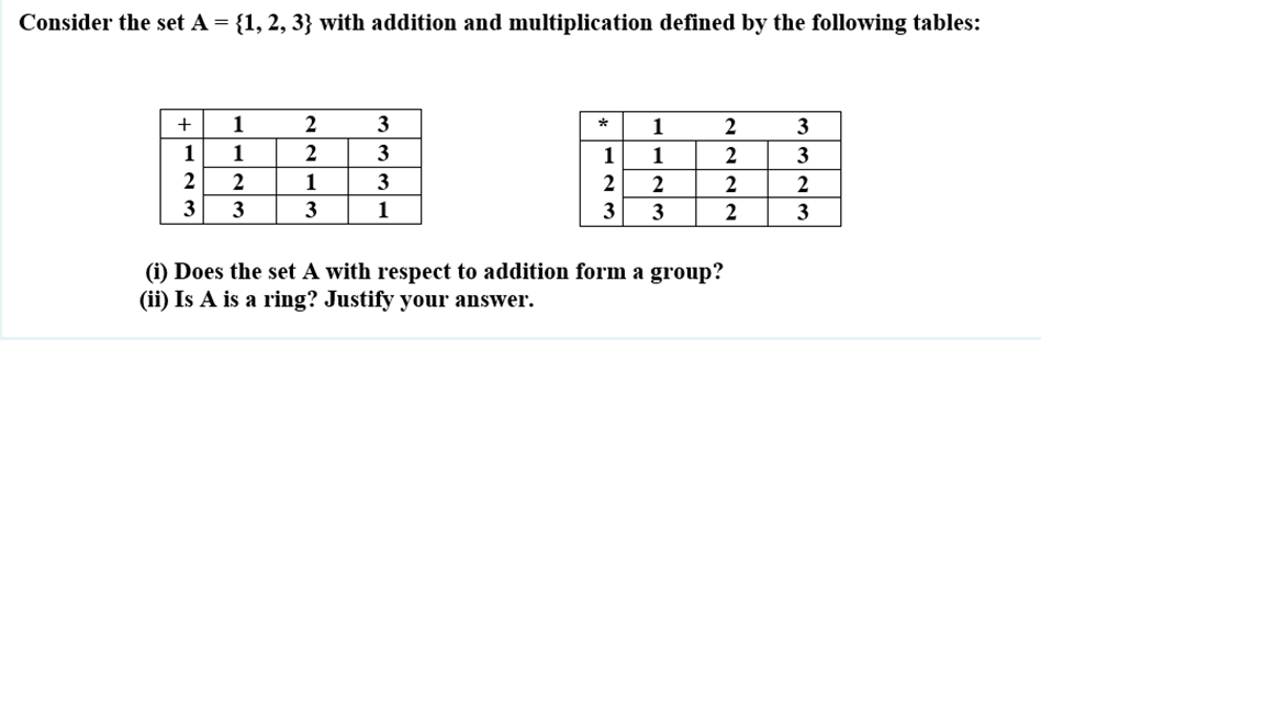 Solved Consider the set A = {1, 2, 3} with addition and | Chegg.com