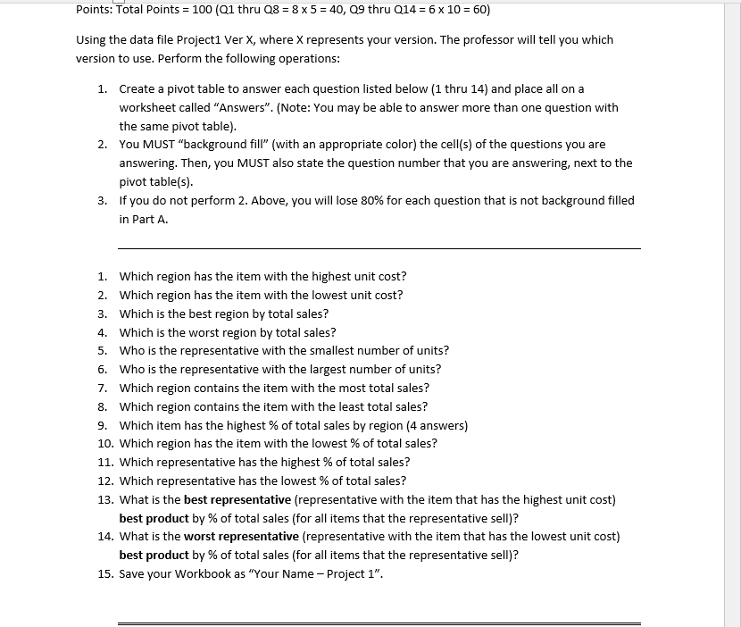 Project 1 Version 1 Part A: Project 1 (ONLY USE ONE | Chegg.com