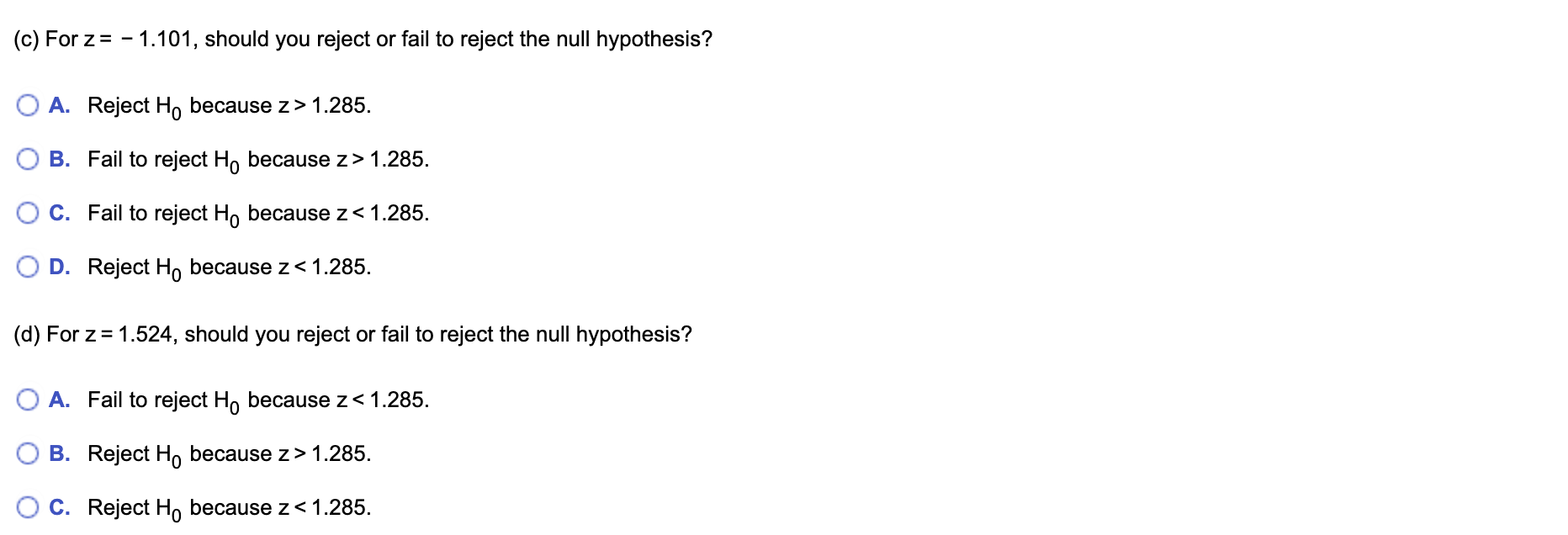 Solved (c) For z=−1.101, should you reject or fail to reject | Chegg.com