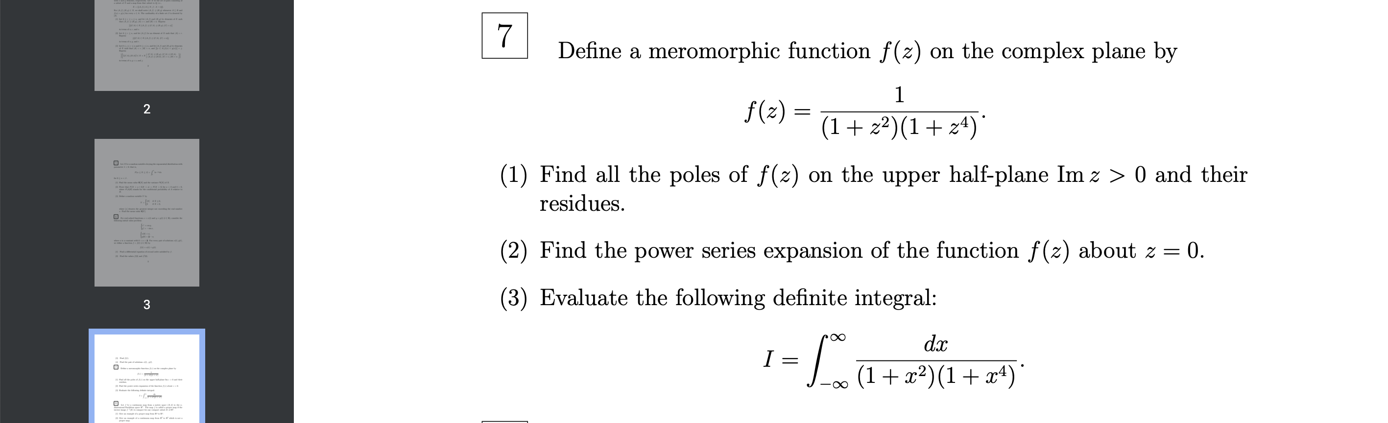 Solved 7 Define a meromorphic function f(z) on the complex | Chegg.com