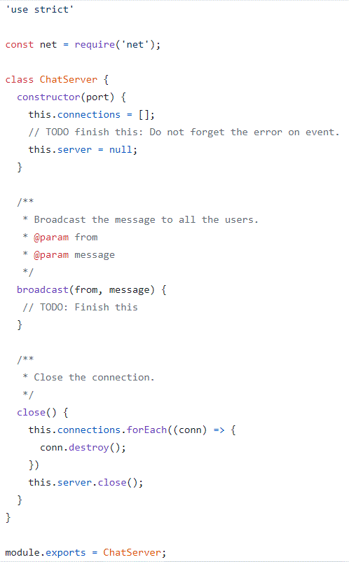 Requirments finish the ChatServer.js class using the | Chegg.com