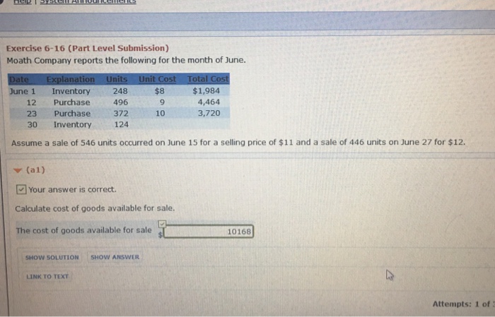 Solved Exercise 6-16 (Part Level Submission) Moath Company | Chegg.com