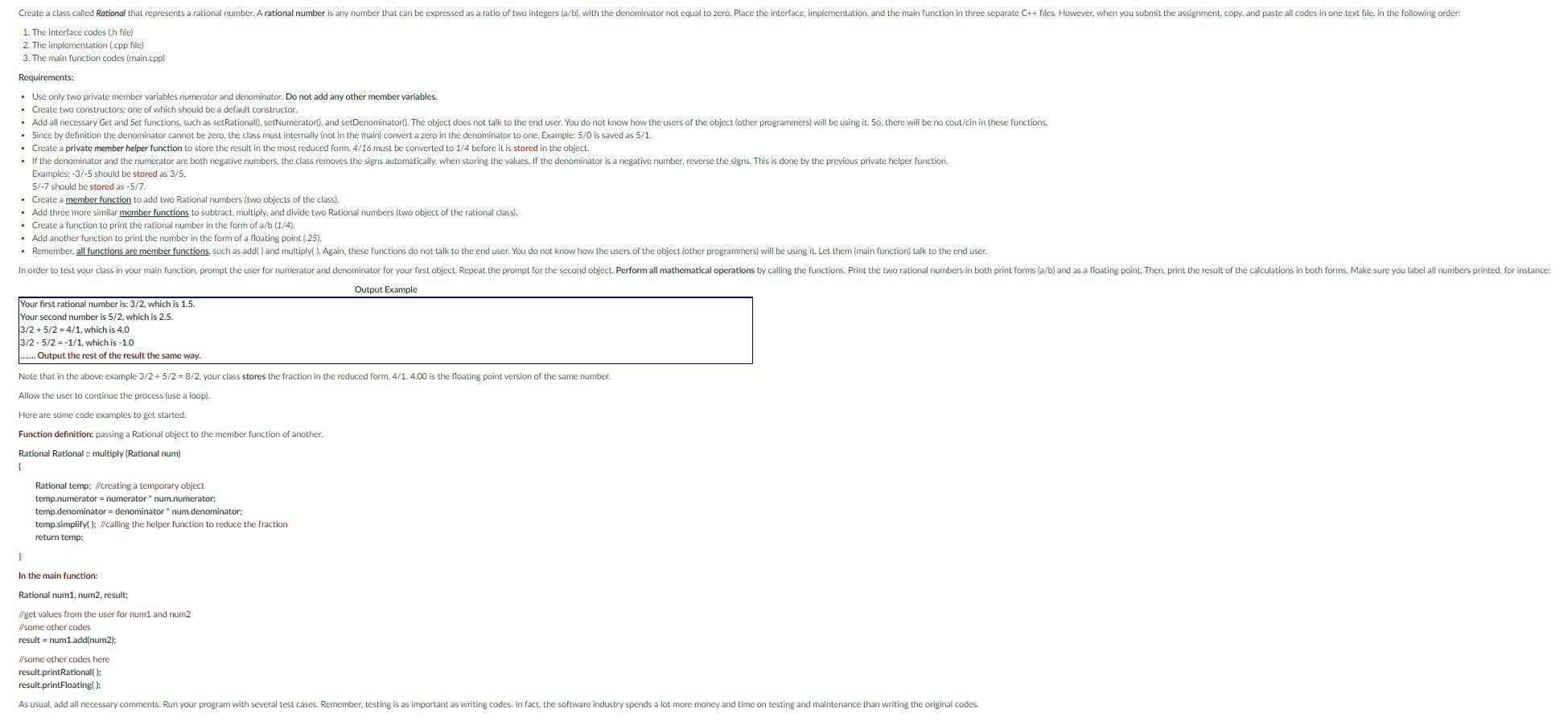 Solved Create a class called Rational that represents a | Chegg.com