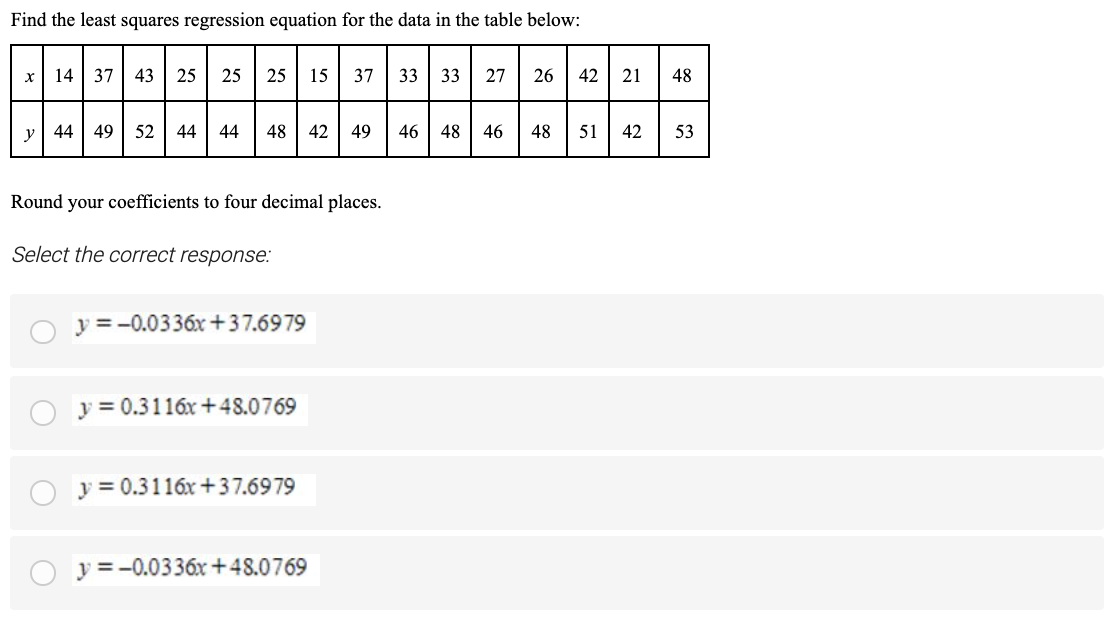 Solved Find The Least Squares Regression Equation For The Chegg