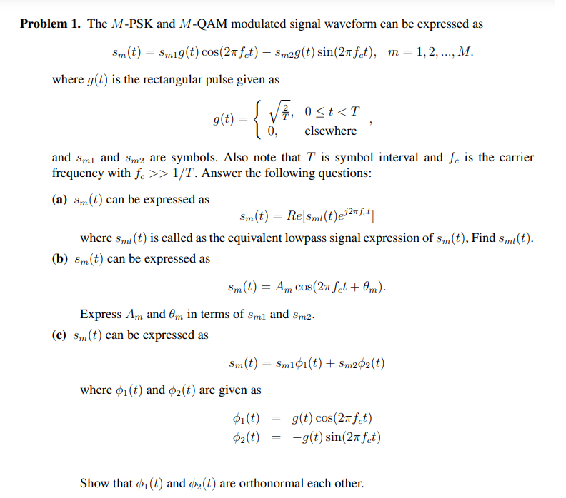 Problem 1. The M-PSK and M-QAM modulated signal | Chegg.com