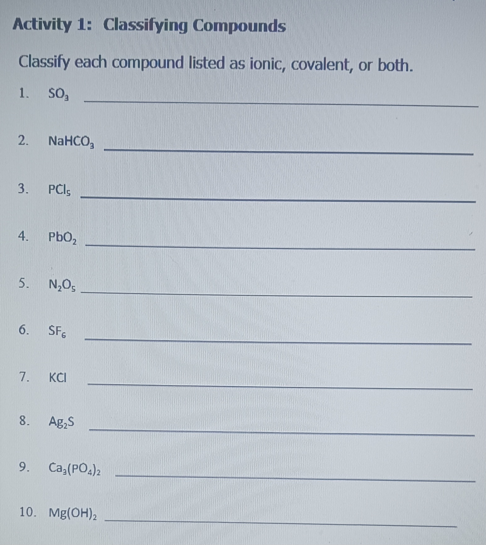 Solved Activity 1: Classifying Compounds Classify each | Chegg.com