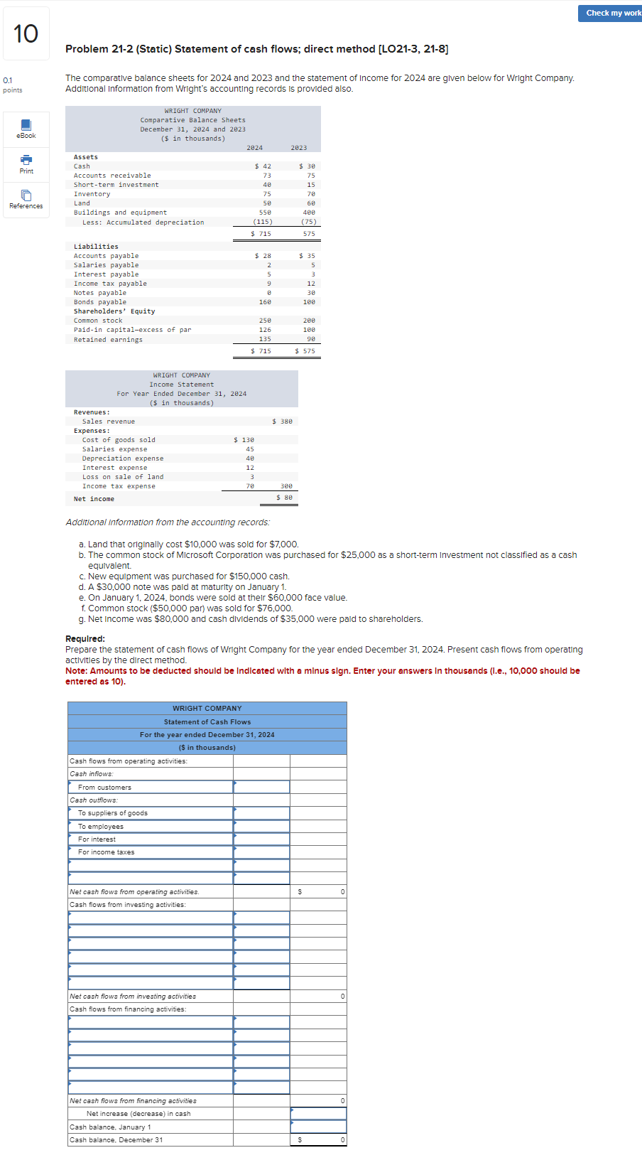 Solved Problem 21-2 (Static) ﻿Statement of cash flows; | Chegg.com