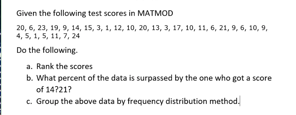 Solved Given the following test scores in MATMOD 20, 6, 23, | Chegg.com