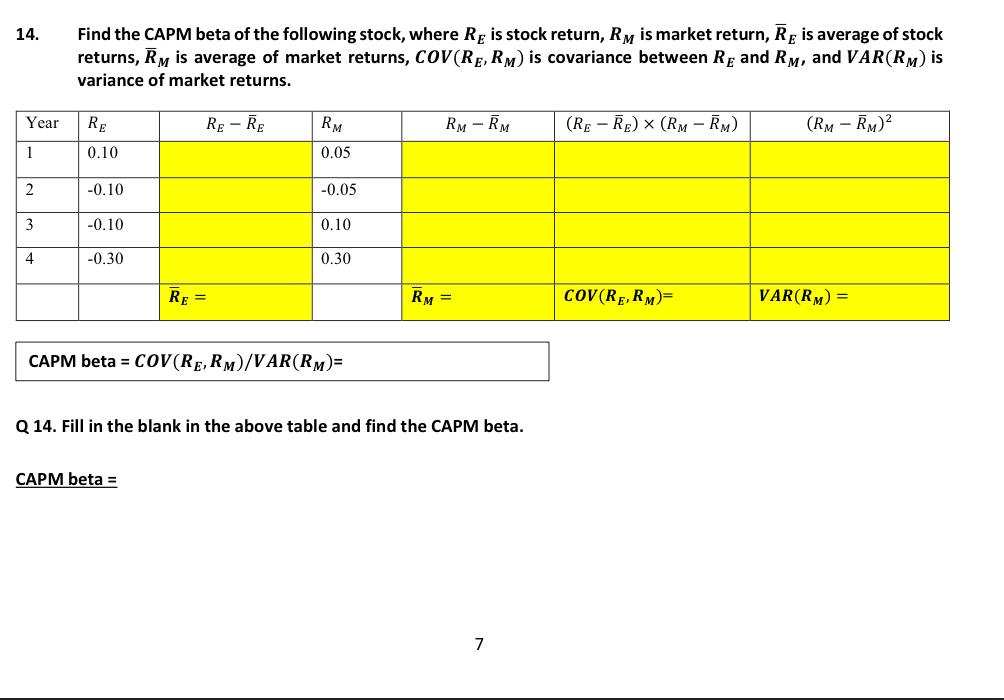 Solved 14. Find the CAPM beta of the following stock, where | Chegg.com