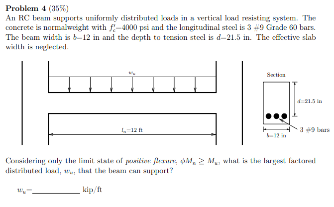 Solved Problem 4 (35%) An RC beam supports uniformly | Chegg.com