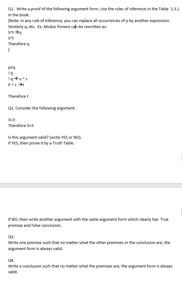 Solved Q1. Write a proof of the following argument form. Use | Chegg.com