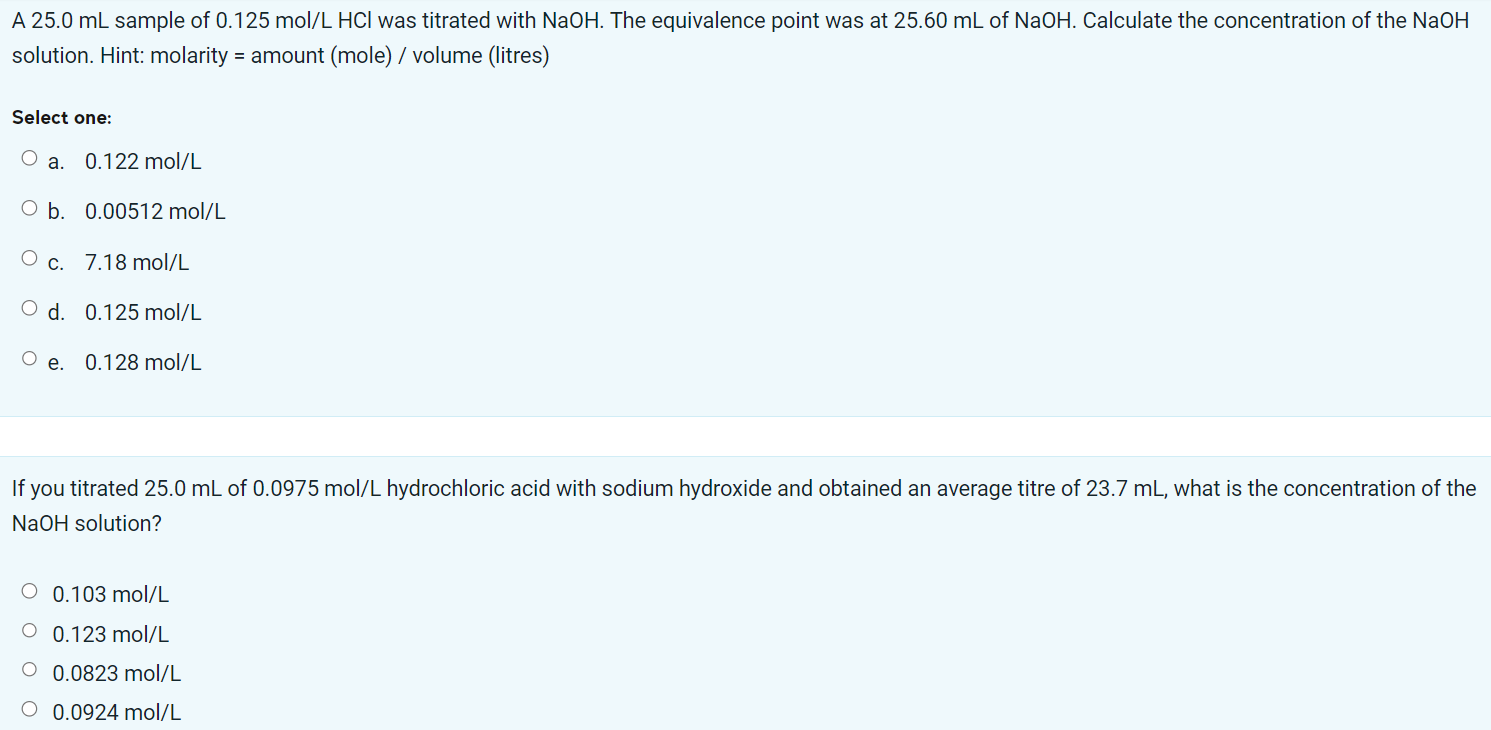 A 25.0 mL sample of 0.125 mol/LHCl was titrated with | Chegg.com