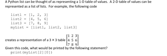 Solved A Python list can be thought of as representing a 1-D | Chegg.com