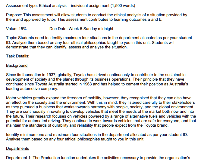 Solved Assessment type: Ethical analysis – individual | Chegg.com