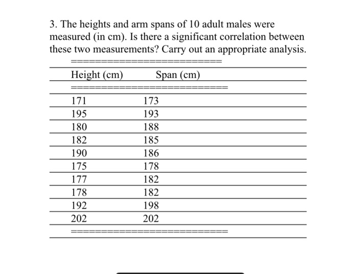 Solved 3. The heights and arm spans of 10 adult males were | Chegg.com