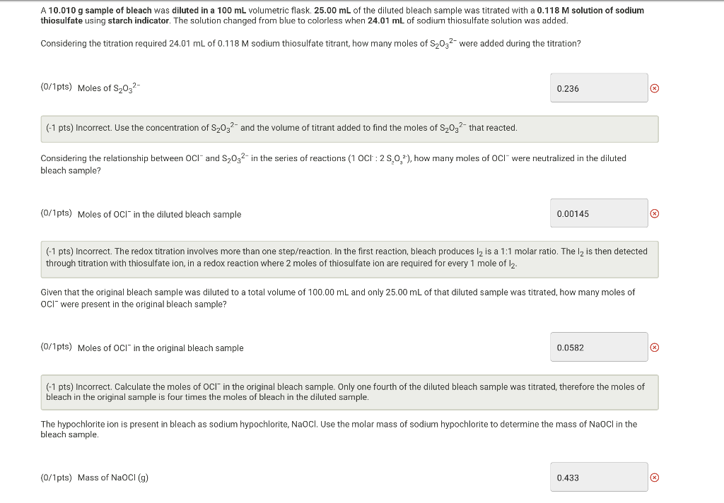 Solved A 10.010 g sample of bleach was diluted in a 100 mL | Chegg.com