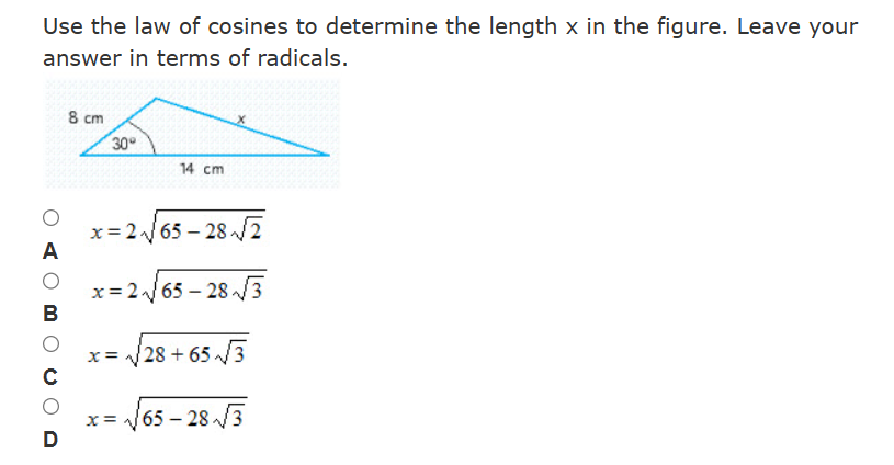 Solved Use the law of cosines to determine the length x in | Chegg.com