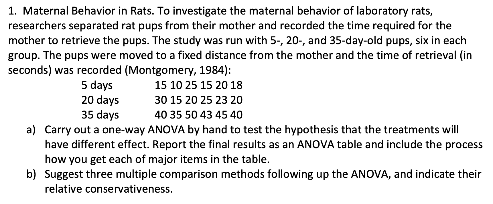 Solved 1. Maternal Behavior in Rats. To investigate the | Chegg.com