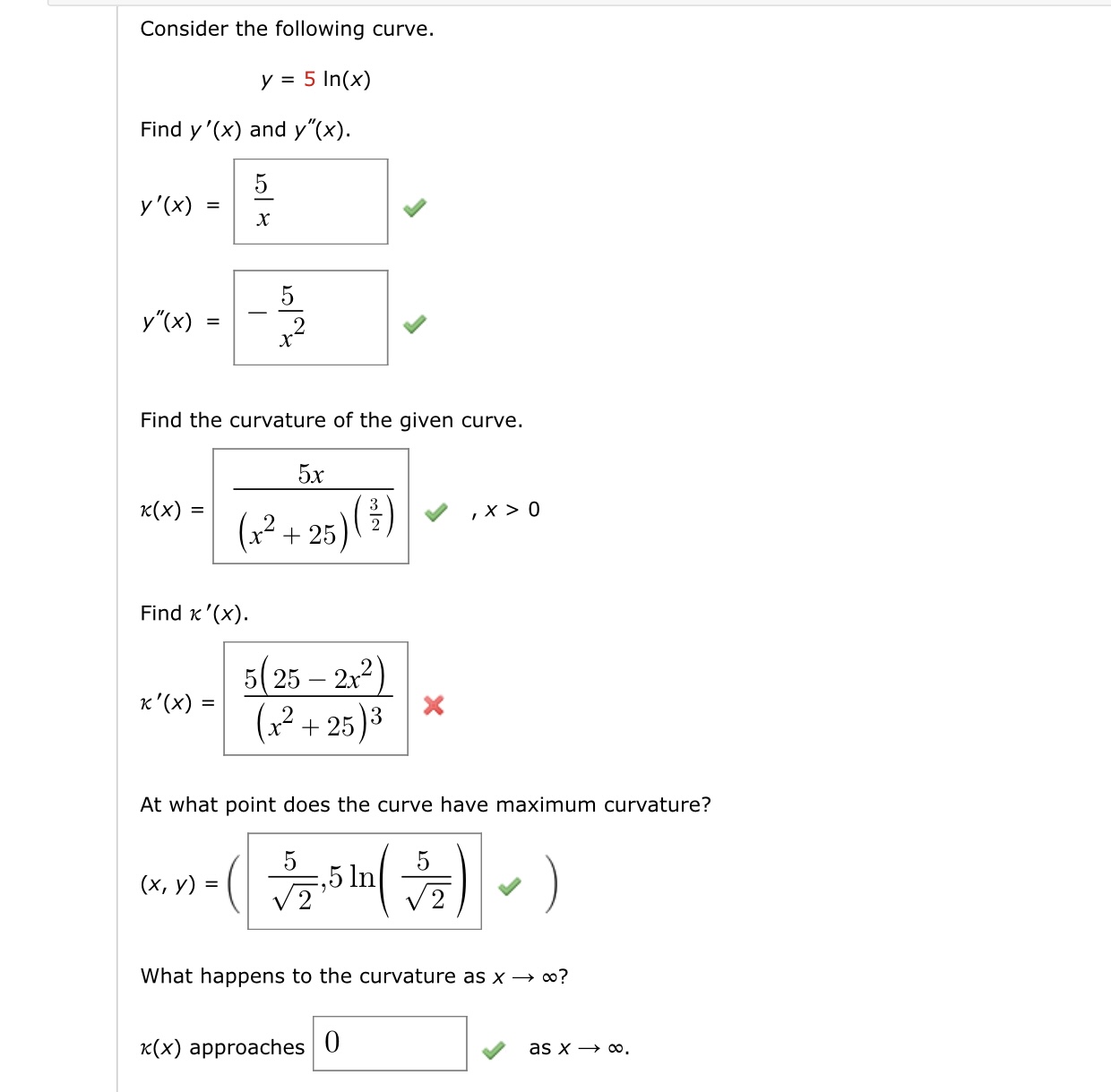 Solved Consider the following curve.y=5ln(x)Find | Chegg.com